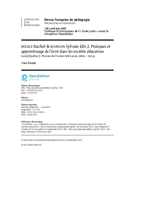 (PDF) Bélisle Rachel & Bourdon Sylvain (dir.). Pratiques et ...