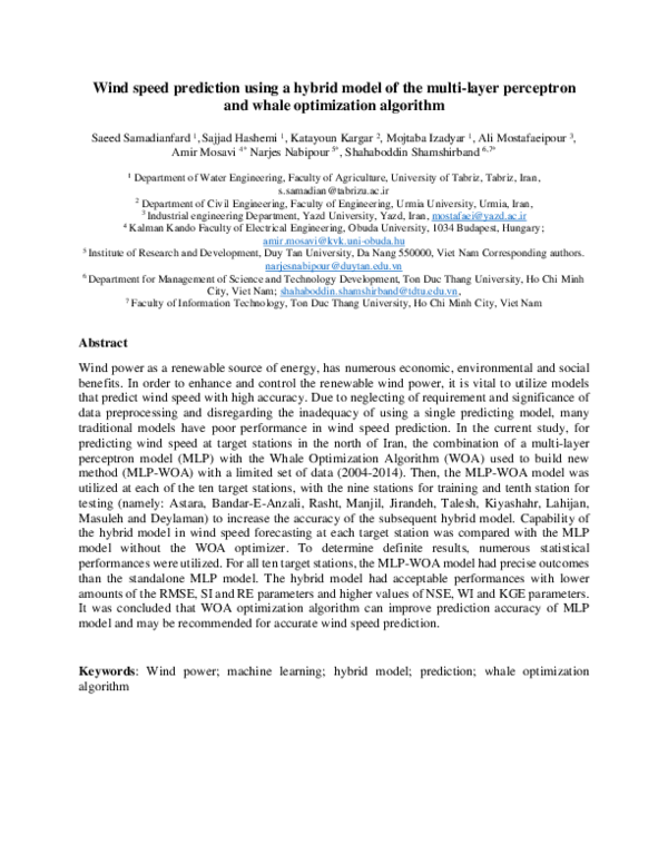 (PDF) Wind Speed Prediction Using a Hybrid Model of the Multi-Layer Perceptron and Whale ...