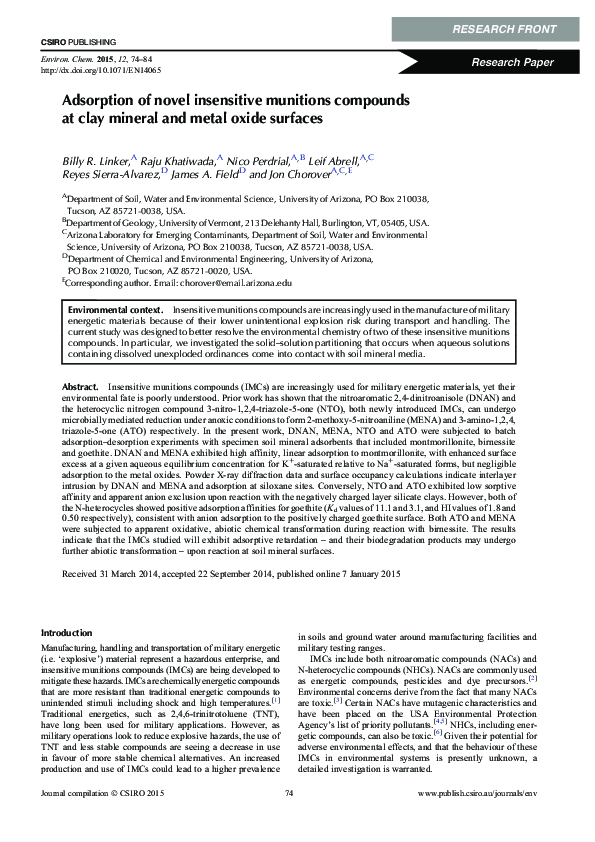 (PDF) Adsorption of novel insensitive munitions compounds at clay ...