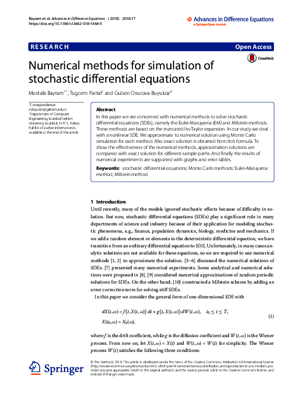 Pdf Numerical Methods For Simulation Of Stochastic Differential Equations