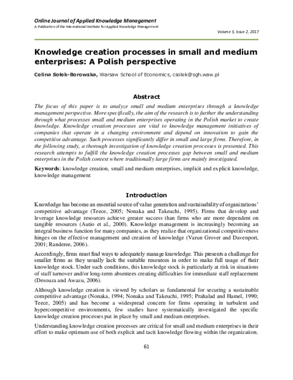(PDF) Knowledge creation processes in small and medium enterprises: A Polish perspective