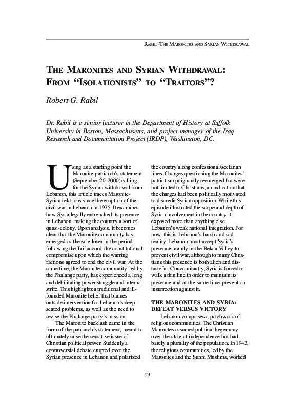 (PDF) The Maronites and Syrian Withdrawal: From “Isolationists” to ...