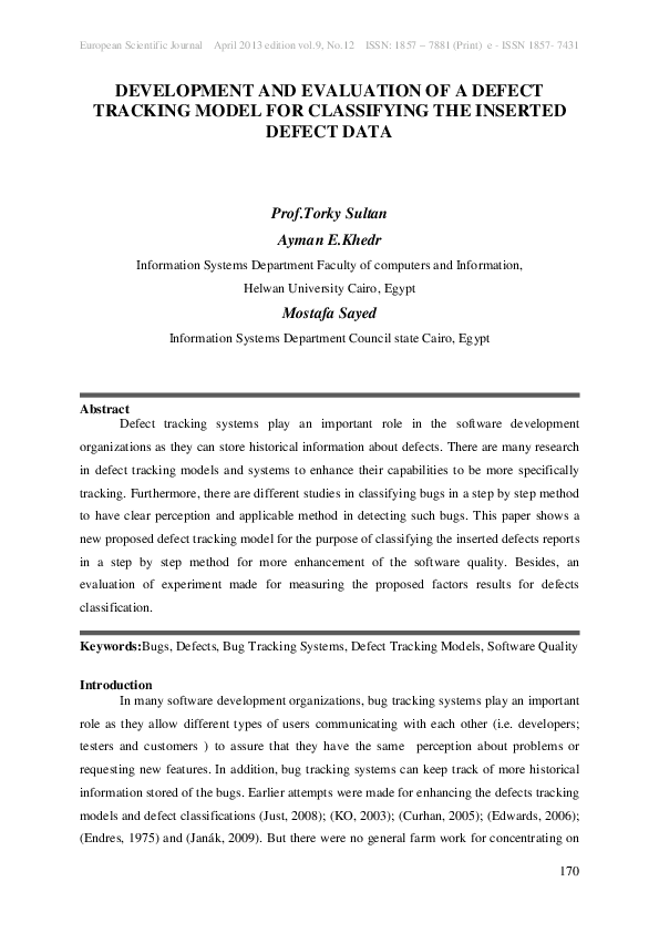 (PDF) Development and Evaluation of a Defect Tracking Model for ...