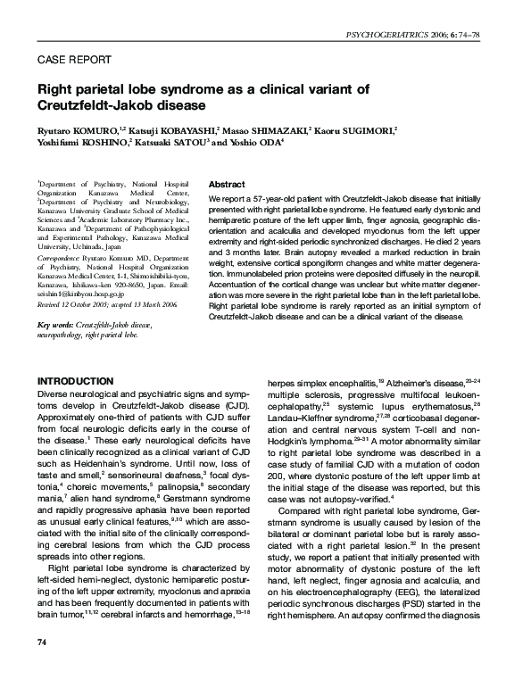 (PDF) Right parietal lobe syndrome as a clinical variant of Creutzfeldt-Jakob disease