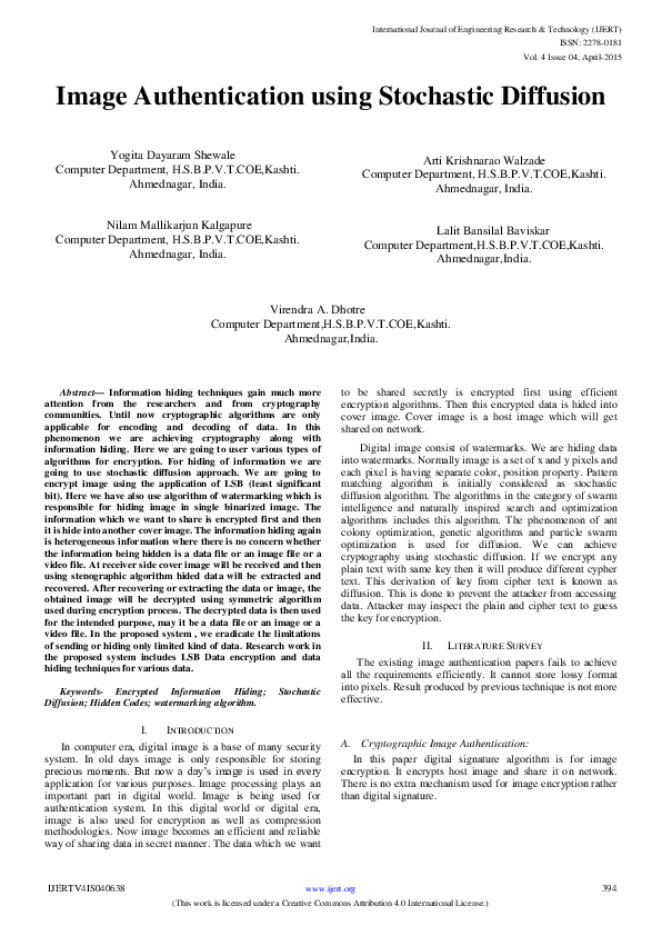 (PDF) Image Authentication using Stochastic Diffusion