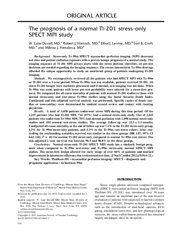(PDF) The prognosis of a normal Tl-201 stress-only SPECT MPI study