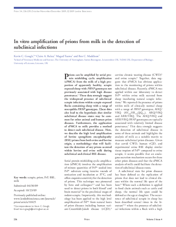 (PDF) In vitro amplification of prions from milk in the detection of ...