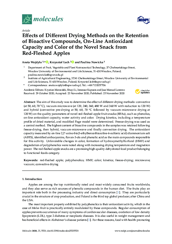 (PDF) Effects of Different Drying Methods on the Retention of Bioactive Compounds, On-Line ...