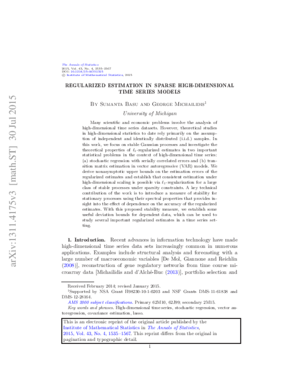 Pdf Regularized Estimation In Sparse High Dimensional Time Series Models