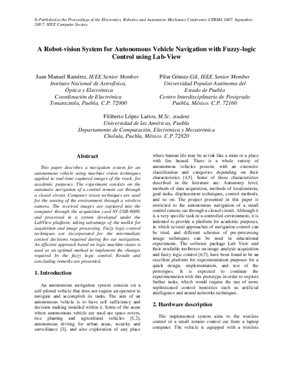 Pdf A Robot Vision System For Autonomous Vehicle Navigation With Fuzzy Logic Control Using Lab