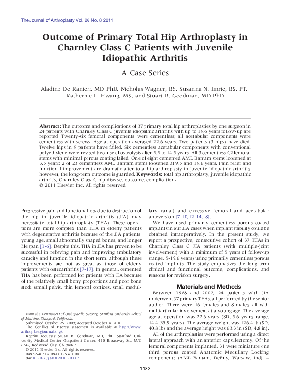 (PDF) Outcome of Primary Total Hip Arthroplasty in Charnley Class C ...