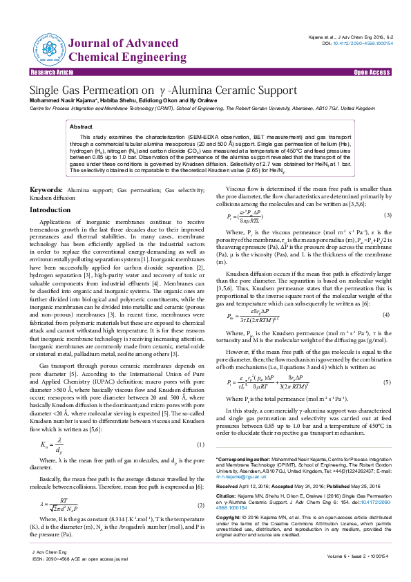 (PDF) Single Gas Permeation on γ-Alumina Ceramic Support