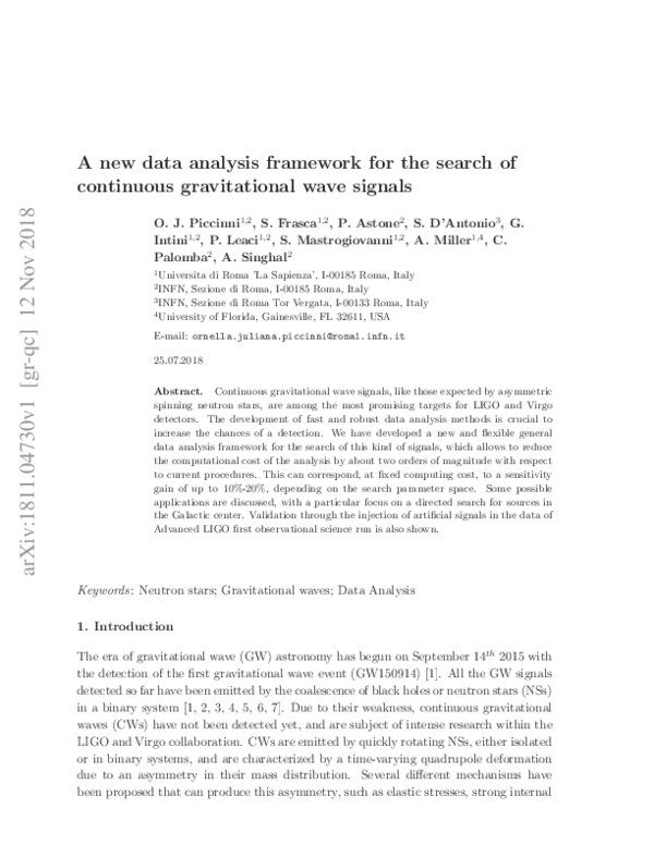 Pdf A New Data Analysis Framework For The Search Of Continuous Gravitational Wave Signals