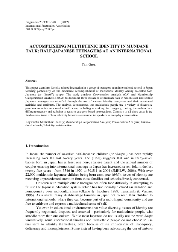 (PDF) Accomplishing multiethnic identity in mundane talk: Half-Japanese ...