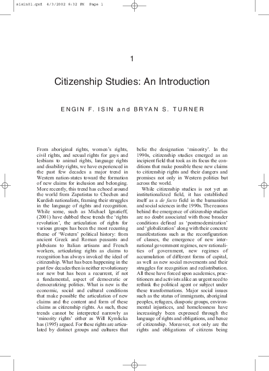 (PDF) Citizenship Studies: An Introduction