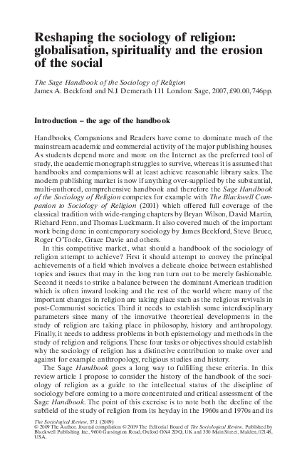 (PDF) Reshaping the sociology of religion: globalisation, spirituality ...