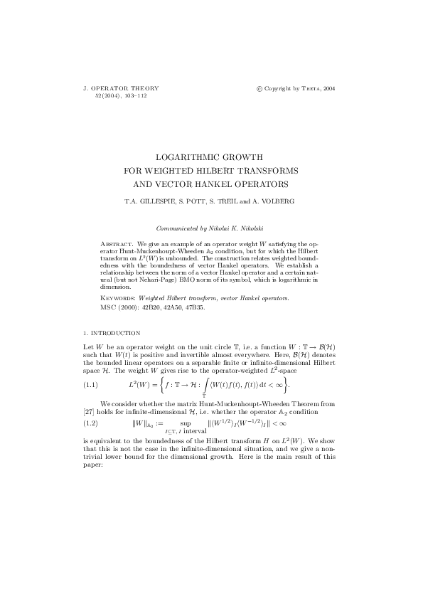 (PDF) Logarithmic growth for weighted Hilbert transforms and vector Hankel operators