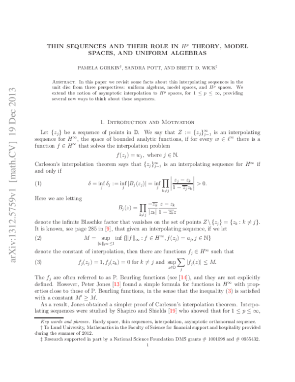 (PDF) Thin sequences and their role in $H^p$ theory, model spaces, and uniform algebras