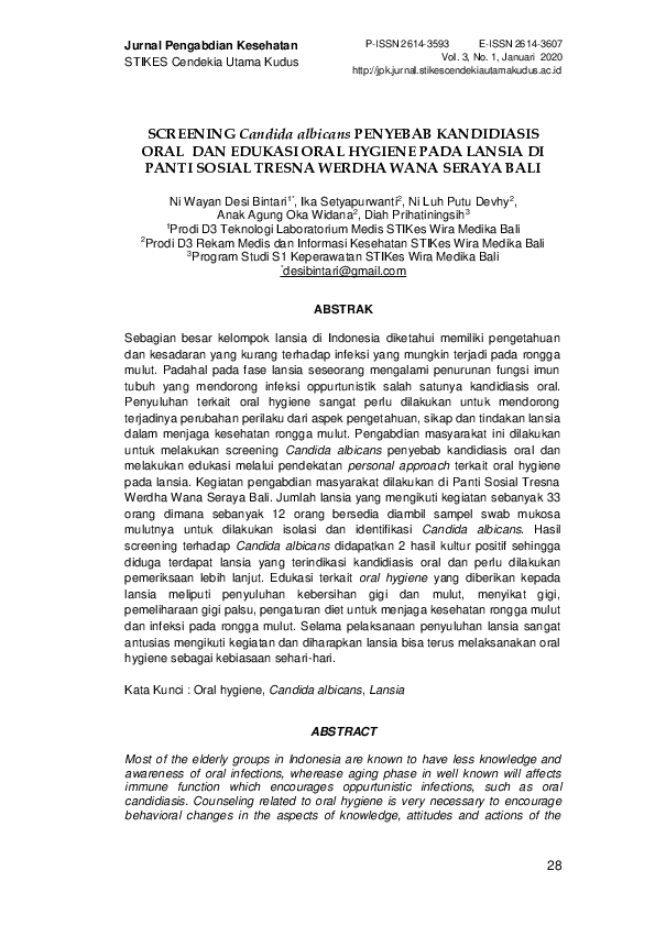 (PDF) SCREENING Candida albicans PENYEBAB KANDIDIASIS ORAL DAN EDUKASI ORAL HYGIENE PADA LANSIA ...