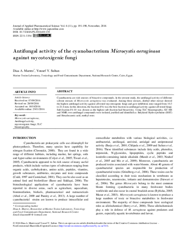 (PDF) Antifungal activity of the cyanobacterium Microcystis aeruginosa against mycotoxigenic fungi