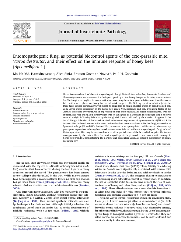(PDF) Entomopathogenic fungi as potential biocontrol agents of the ecto-parasitic mite, Varroa ...