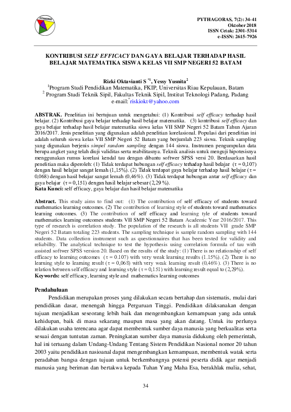 (PDF) Kontribusi Self Efficacy Dan Gaya Belajar Terhadap Hasil Belajar Matematika Siswa Kelas ...