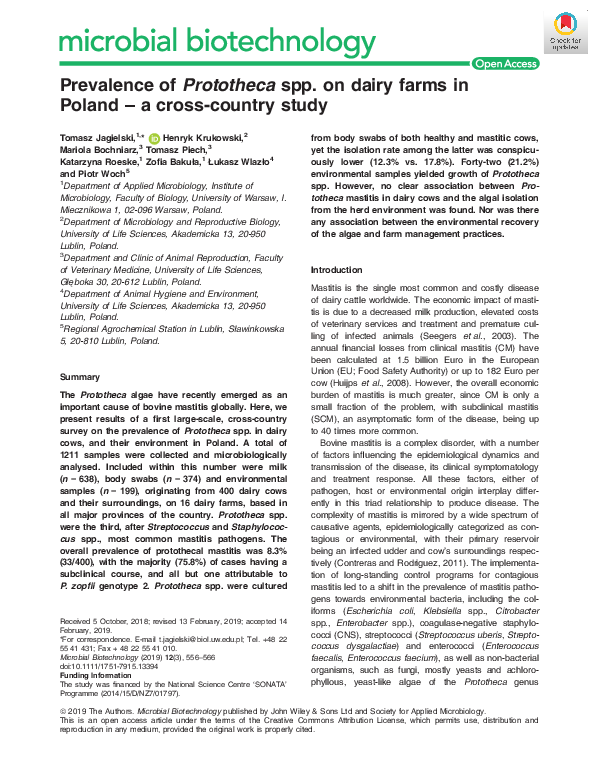 (PDF) Prevalence of Prototheca spp. on dairy farms in Poland – a cross ...