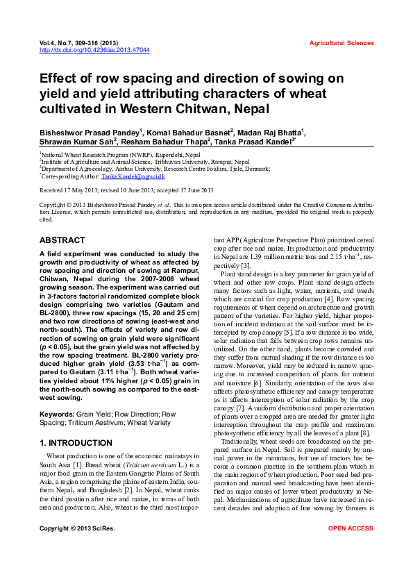 Pdf Effect Of Row Spacing And Direction Of Sowing On Yield And Yield