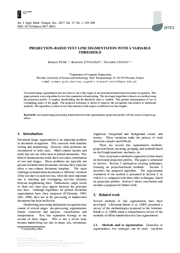 Pdf Projectionbased Text Line Segmentation With A Variable Threshold
