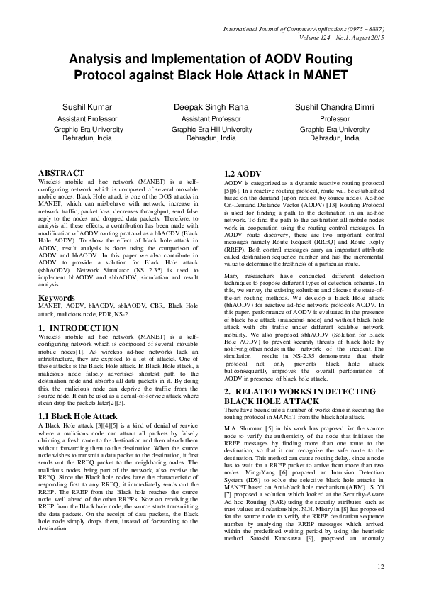 (PDF) Analysis and Implementation of AODV Routing Protocol against Black Hole Attack in MANET ...