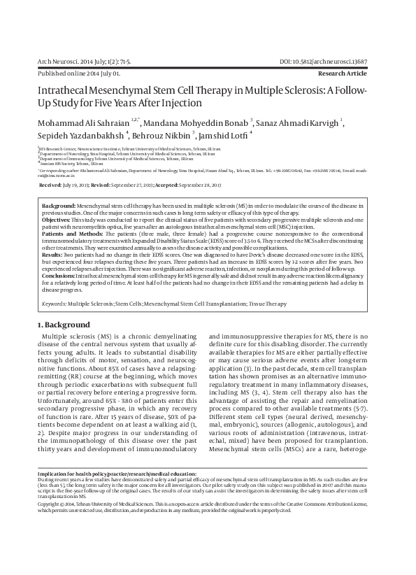 (PDF) Intrathecal Mesenchymal Stem Cell Therapy in Multiple Sclerosis ...