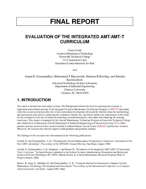(PDF) Final Report Evaluation of the Integrated Amt/Amt-T Curriculum