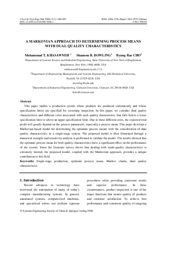 (PDF) A Markovian approach to determining process means with dual ... (PDF) A Markovian approach to determining process means with dual ...