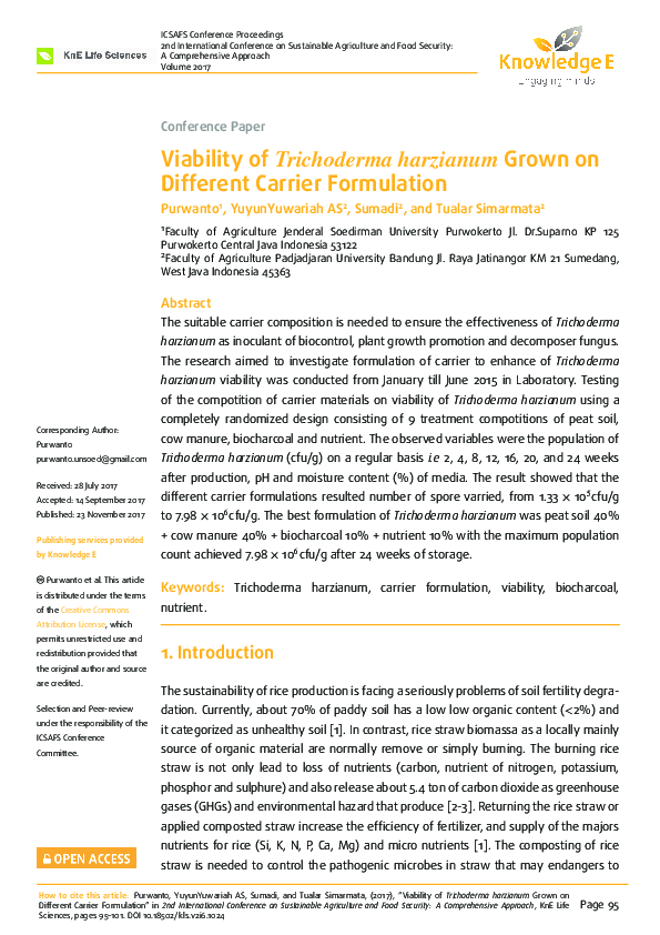 (PDF) Viability of Trichoderma harzianum Grown on Different Carrier Formulation