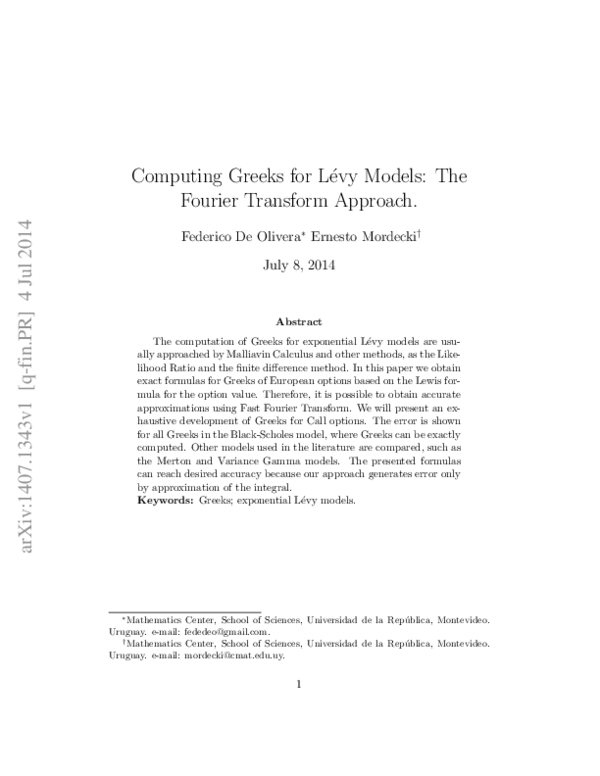 (PDF) Computing Greeks for Levy Models: The Fourier Transform Approach