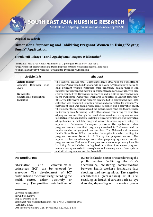 (PDF) Dimensions Supporting and Inhibiting Pregnant Women in Using “Sayang Bunda” Application