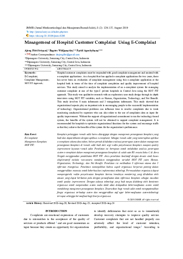 (PDF) Management Of Hospital Customer Complaint With E-Complaint