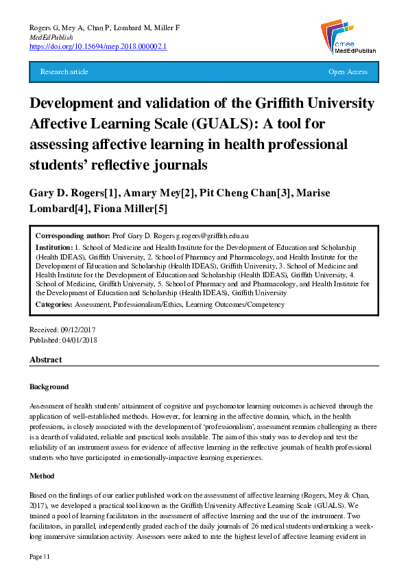 (PDF) Development and validation of the Griffith University Affective ...