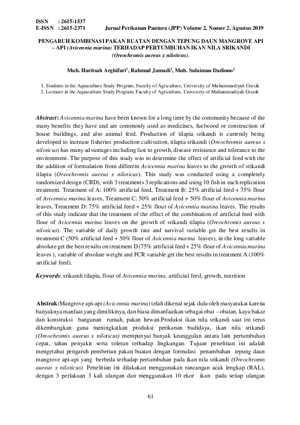 (PDF) PENGARUH KOMBINASI PAKAN BUATAN DENGAN TEPUNG DAUN MANGROVE API – API (Avicennia marina ...