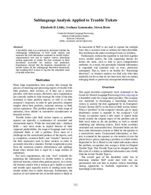 (PDF) Sublanguage Analysis Applied to Trouble Tickets