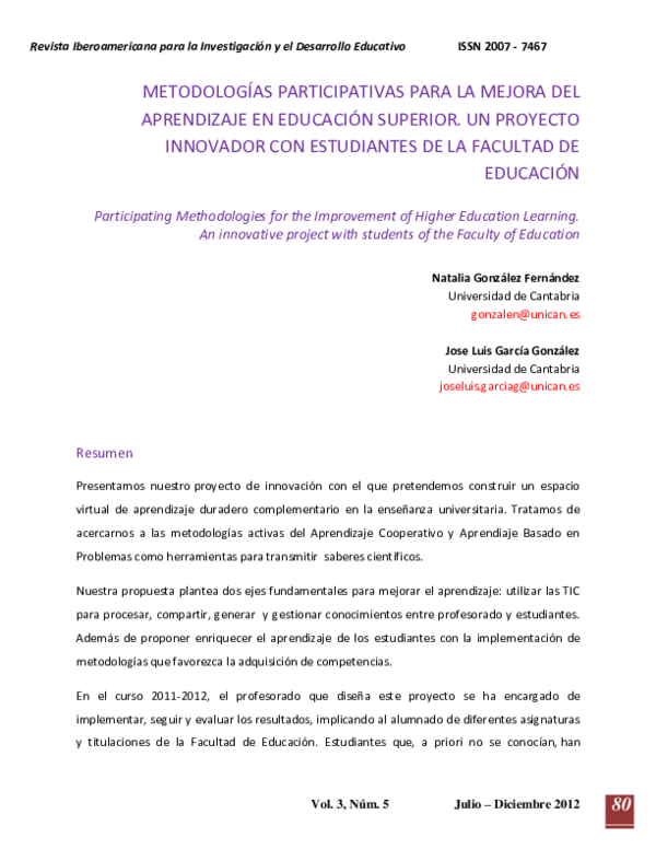 (PDF) Metodologías Participativas Para La Mejora Del Aprendizaje en Educación Superior. Un ...