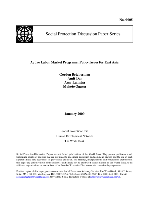 (PDF) Active labor market programs : policy issues for East Asia