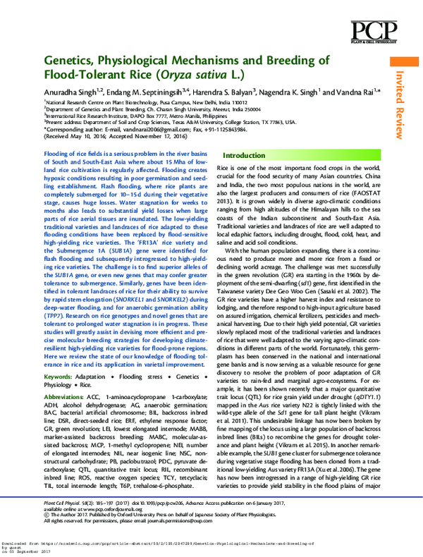 (PDF) Genetics, Physiological Mechanisms and Breeding of Flood-Tolerant ...