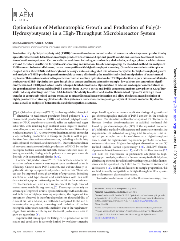 (PDF) Optimization of methanotrophic growth and production of poly(3-hydroxybutyrate) in a high ...