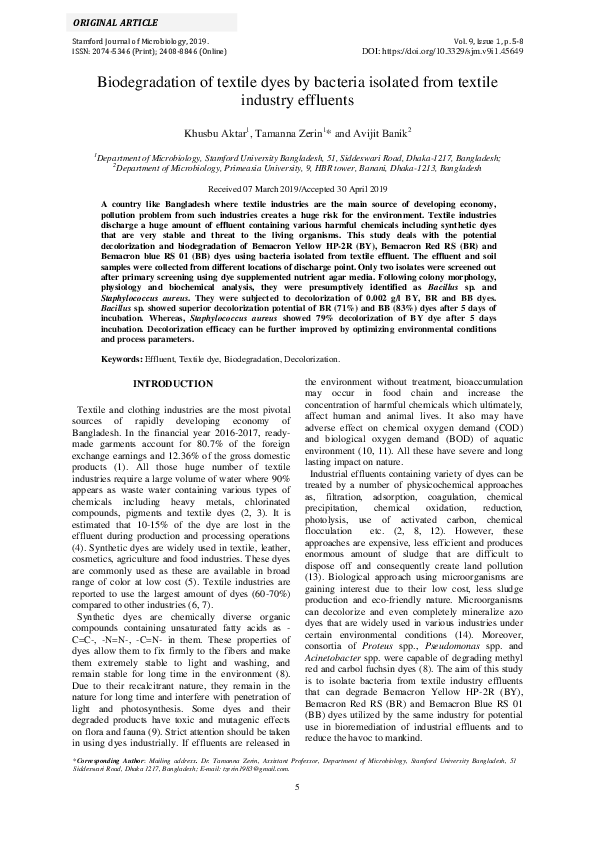 (PDF) Biodegradation of textile dyes by bacteria isolated from textile industry effluents
