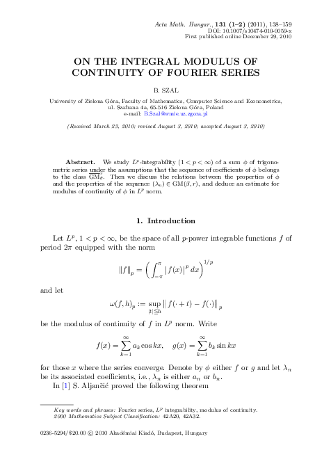 (PDF) On the integral modulus of continuity of Fourier series