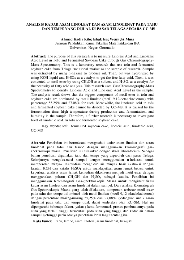 Analisis Kadar Asam Linoleat dan Asam Linoleat Pada Tahu dan Tempe Yang ...