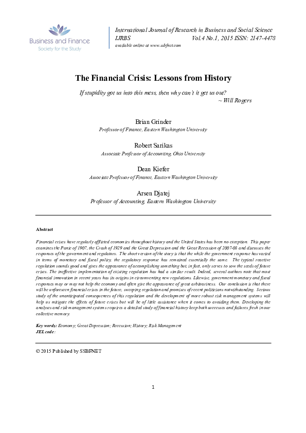 (PDF) The Financial Crisis: Lessons from History