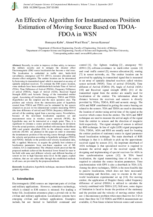 Pdf An Effective Algorithm For Instantaneous Position Estimation Of Moving Source Based On