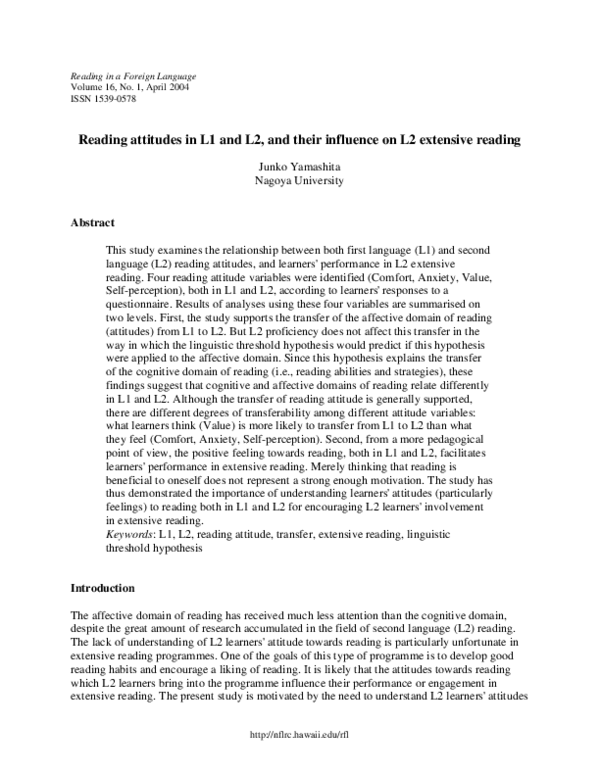 (PDF) Reading attitudes in L1 and L2, and their influence on L2 extensive reading